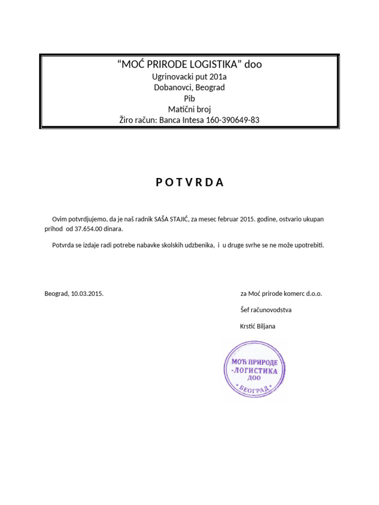 Potvrda Za Vrtic Saša | PDF