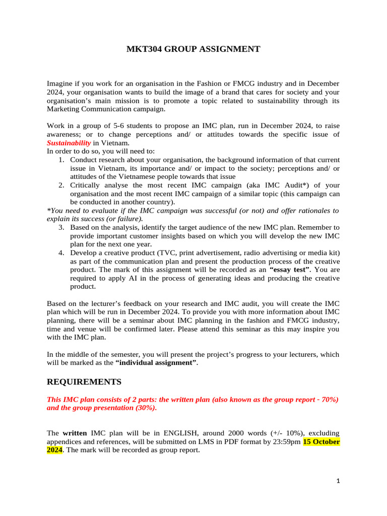 MKT304 - FALL2024 - Group Assignment Guidelines - Official | PDF