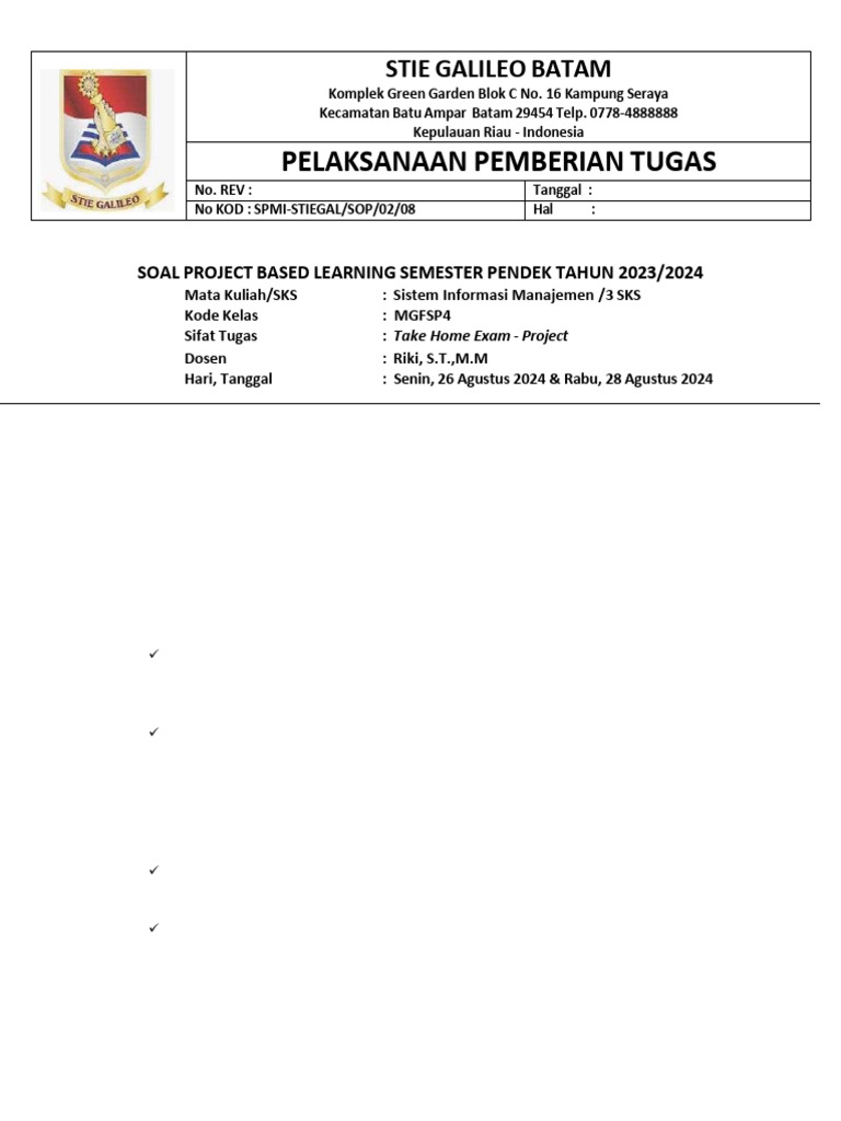Soal Project Based Learning Semester Pendek Tahun Ajaran 2023-2024 Sim | PDF