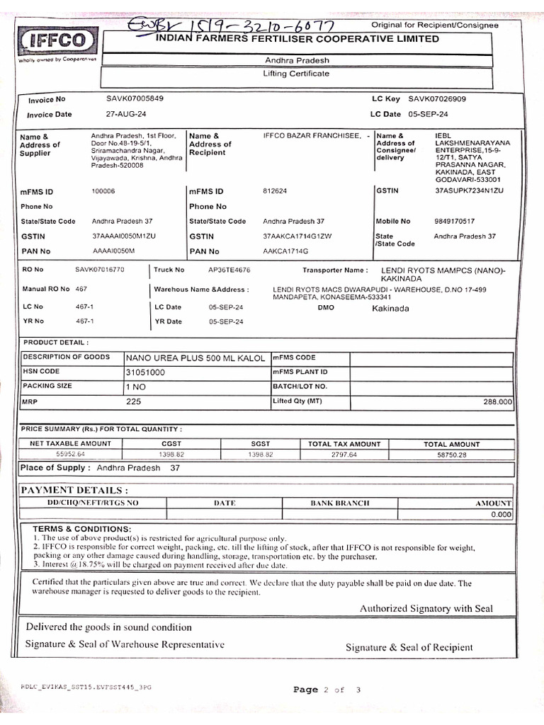 Iffco Boran - 1MT Inv - Iffco Nano Urea - 12 Case Inv - Received in Textiles Godown | PDF