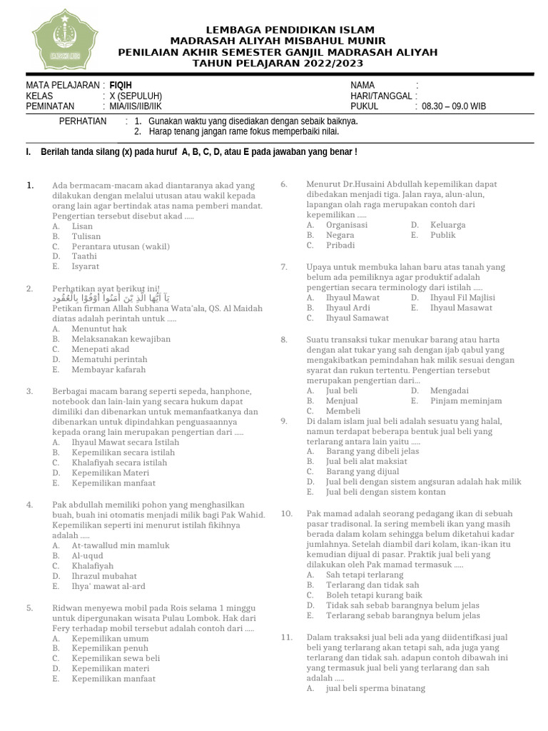 Soal Ujian Pat Fiqih KLS 1 Ma | PDF