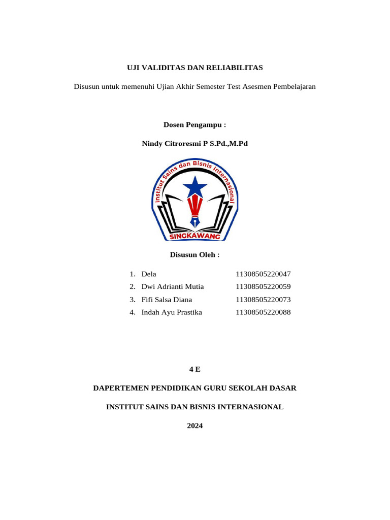 Tugas Uas Assesment SD Uji Validitas & Reliabilitas | PDF