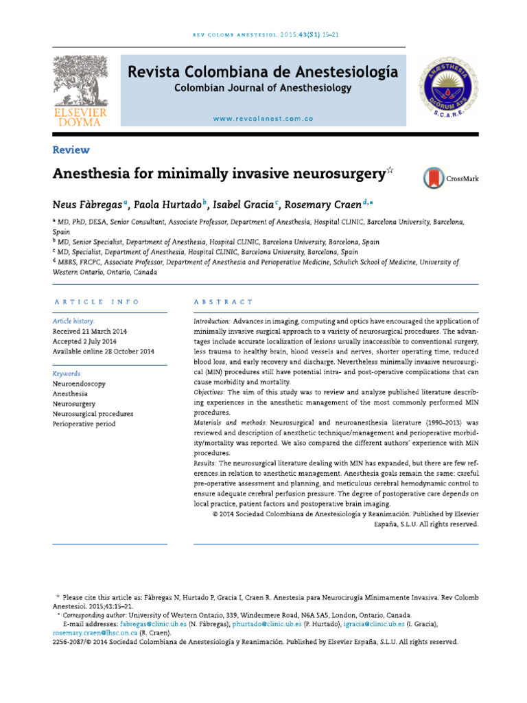 Anesthesia For Minimally Invasive Neurosurger Col | PDF