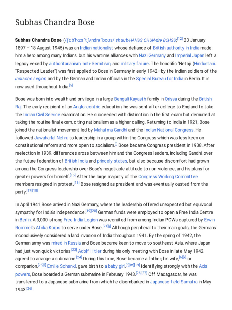 Subhas Chandra Bose - Wikipedia | PDF