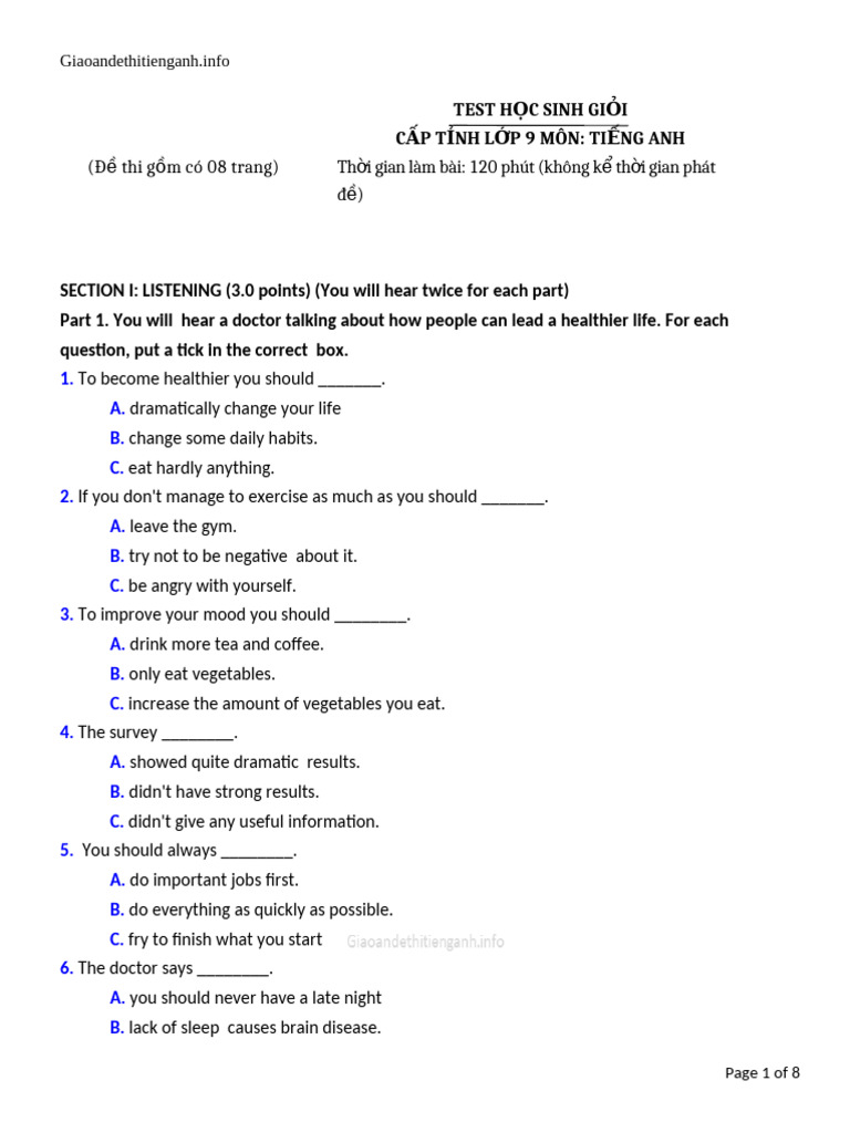 ĐỀ SỐ 01-HSG ANH 9 - HS | PDF