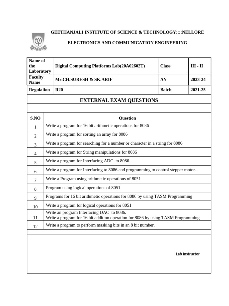 DCP Lab Question Paper | PDF