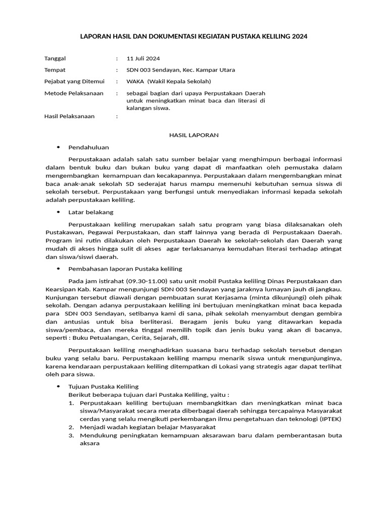 Laporan Hasil Dan Dokumentasi Kegiatan Pustaka Keliling 2024 SDN 003 ...