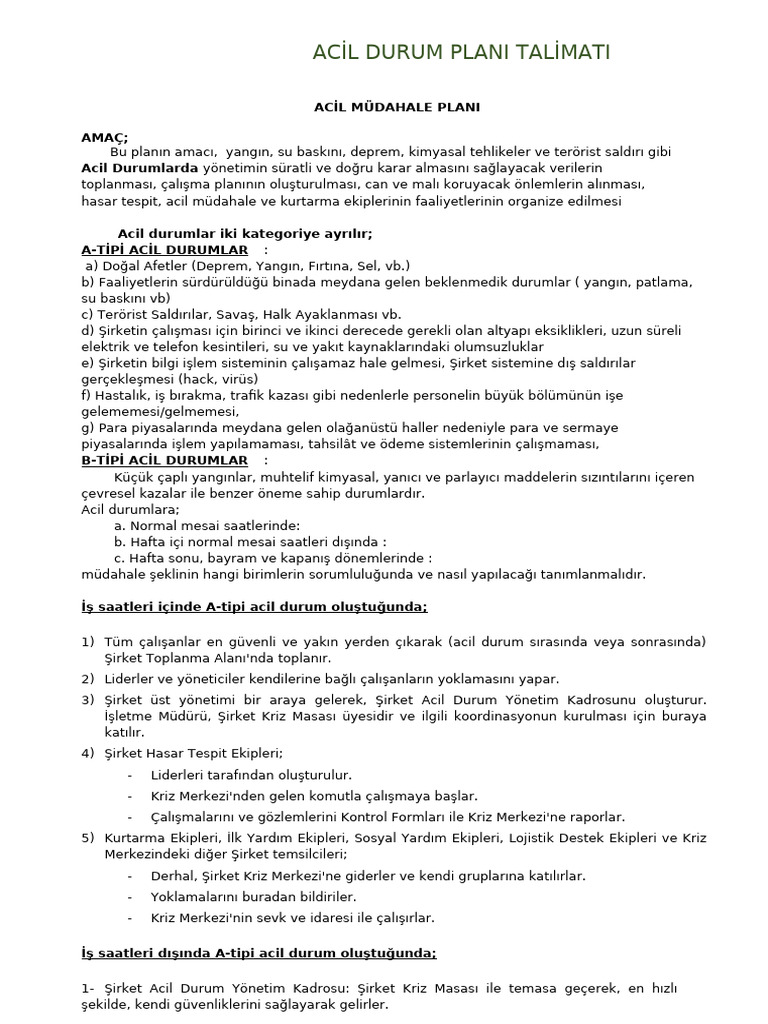 Aci̇l Durum Plani Tali̇mati | PDF