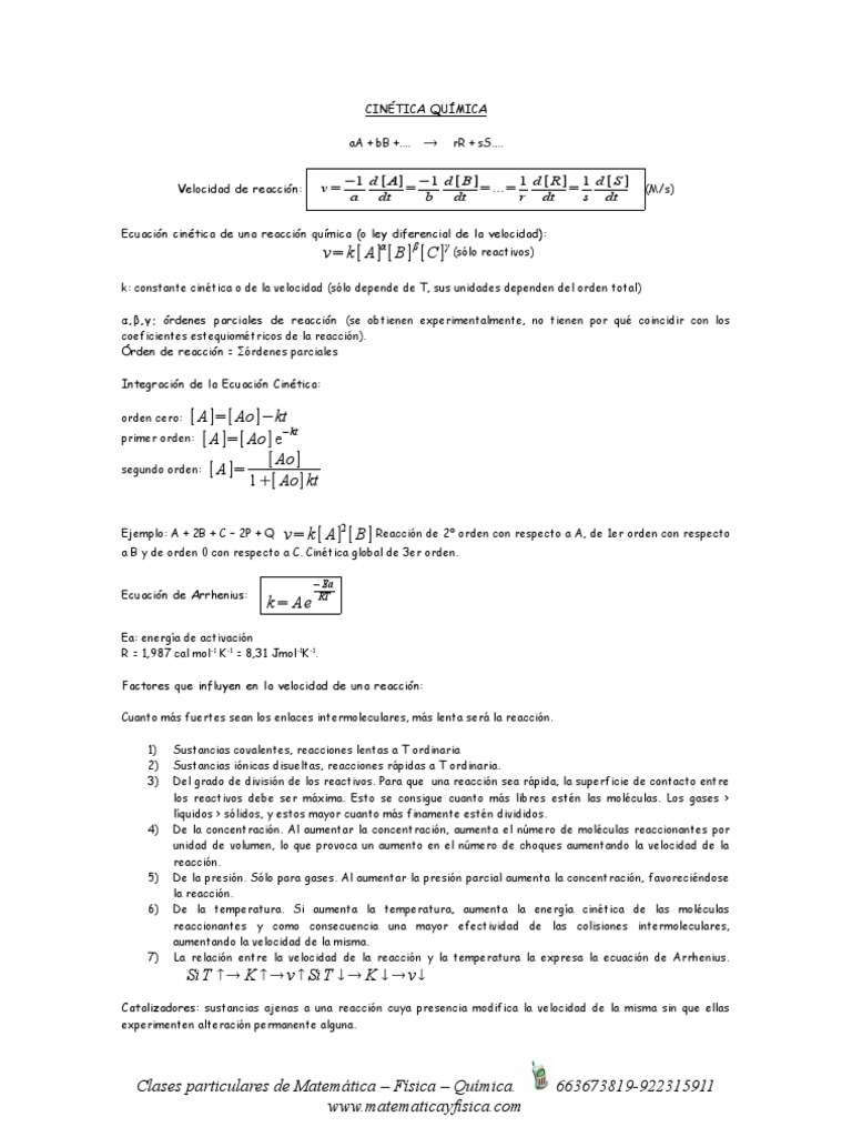 Resumen de Fórmulas de Cinética Quimica | PDF