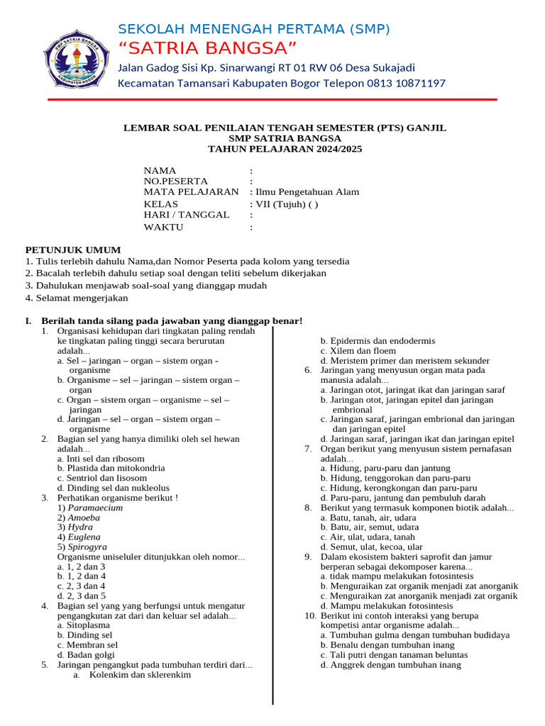 CONTOH FORMAT SOAL PTS GANJIL | PDF