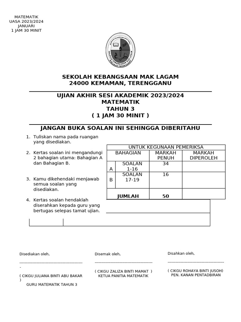 UASA MATH THN 3 2023_2024 | PDF