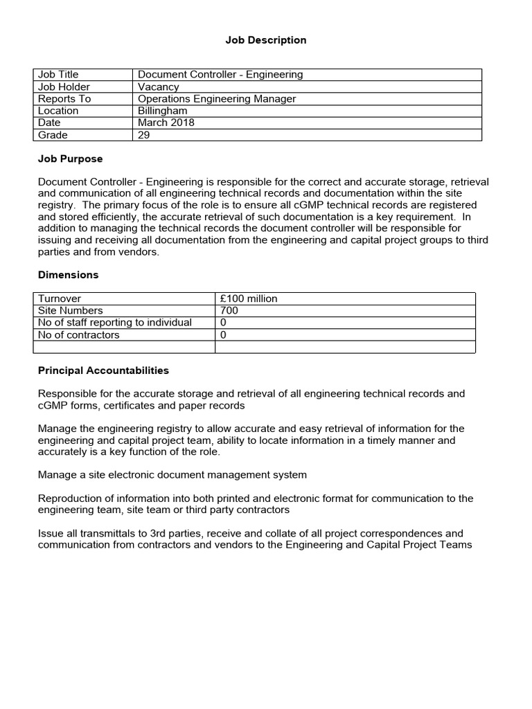 Document Controller Engineering JD | PDF