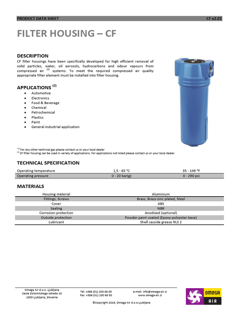 Omega Air Product Data Sheet Filter Housing CF | PDF