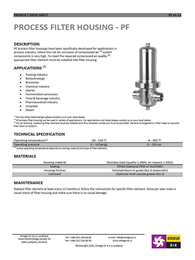 Omega Air Product Data Sheet Filter Housing PF | PDF