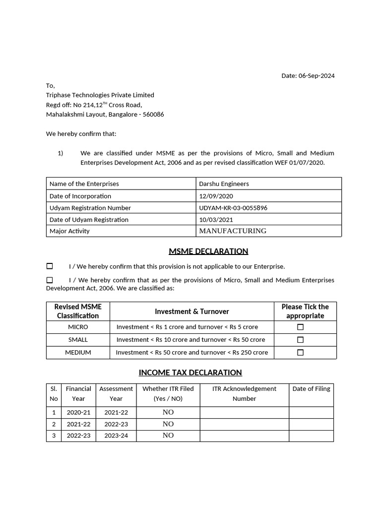 MSME Declaration Letter by Vendors | PDF