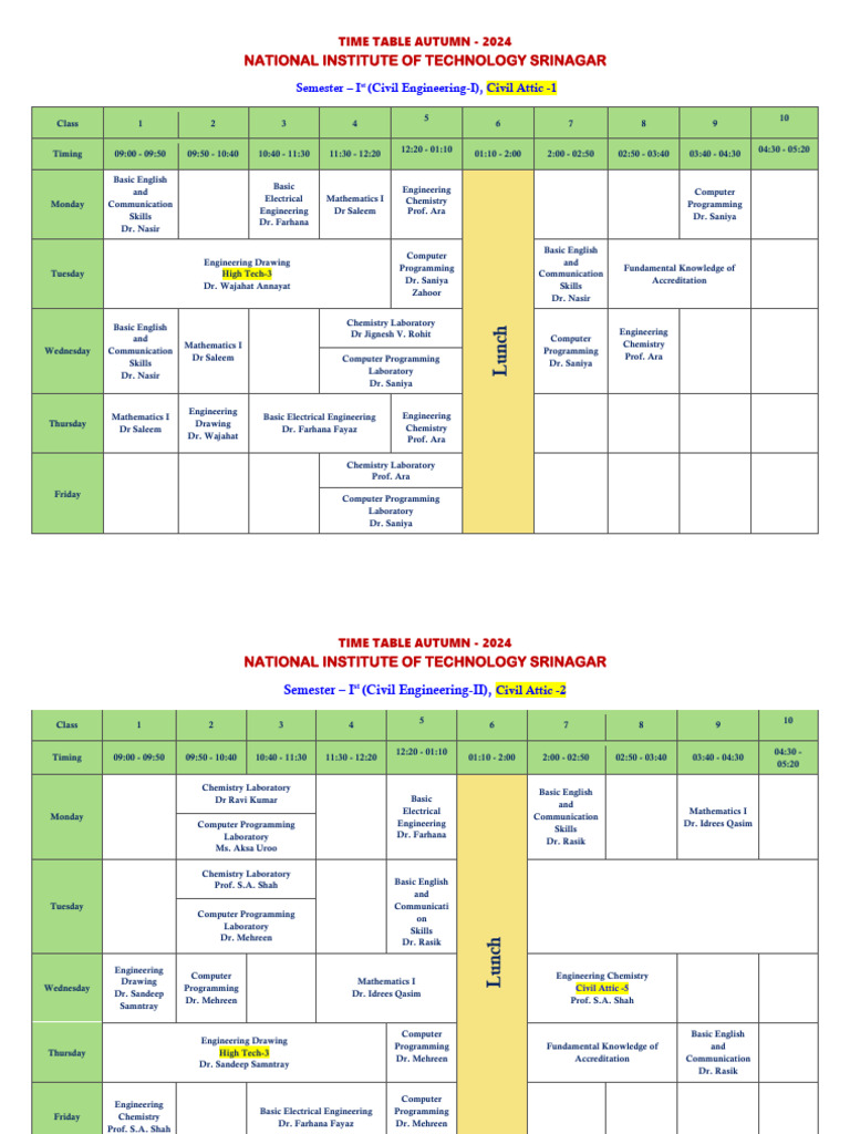 Time Table BTech 1st SEM 27 August 2024 | PDF