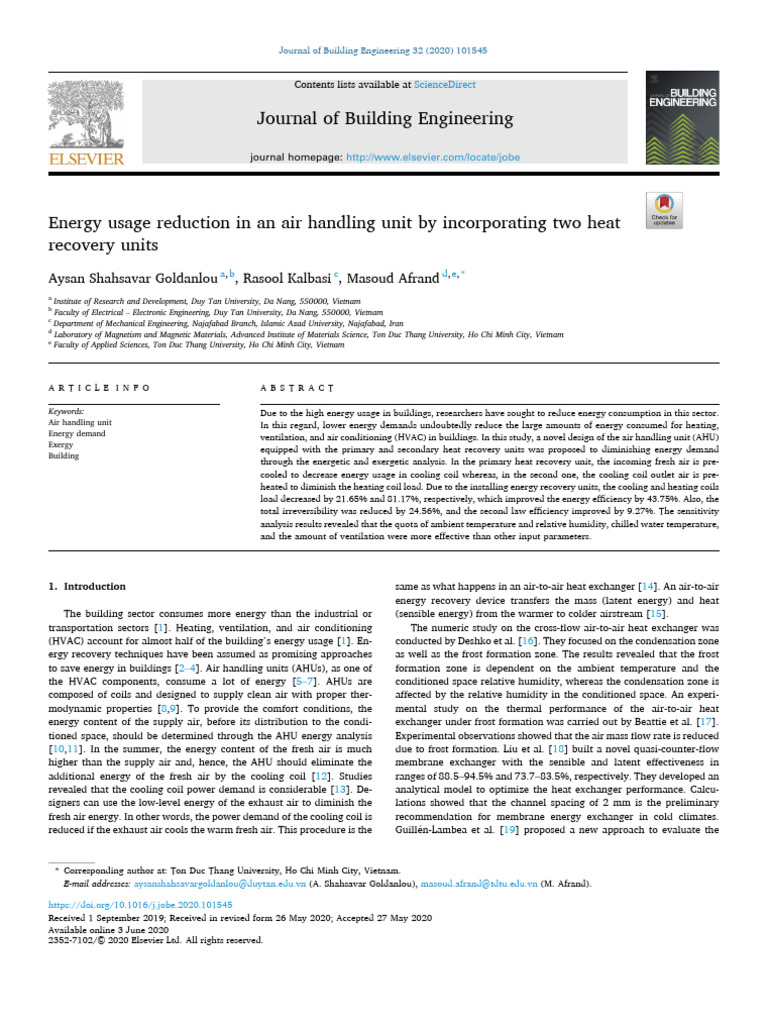 Energy Usage Reduction in An Air Handling Unit by Incorporating Two ...
