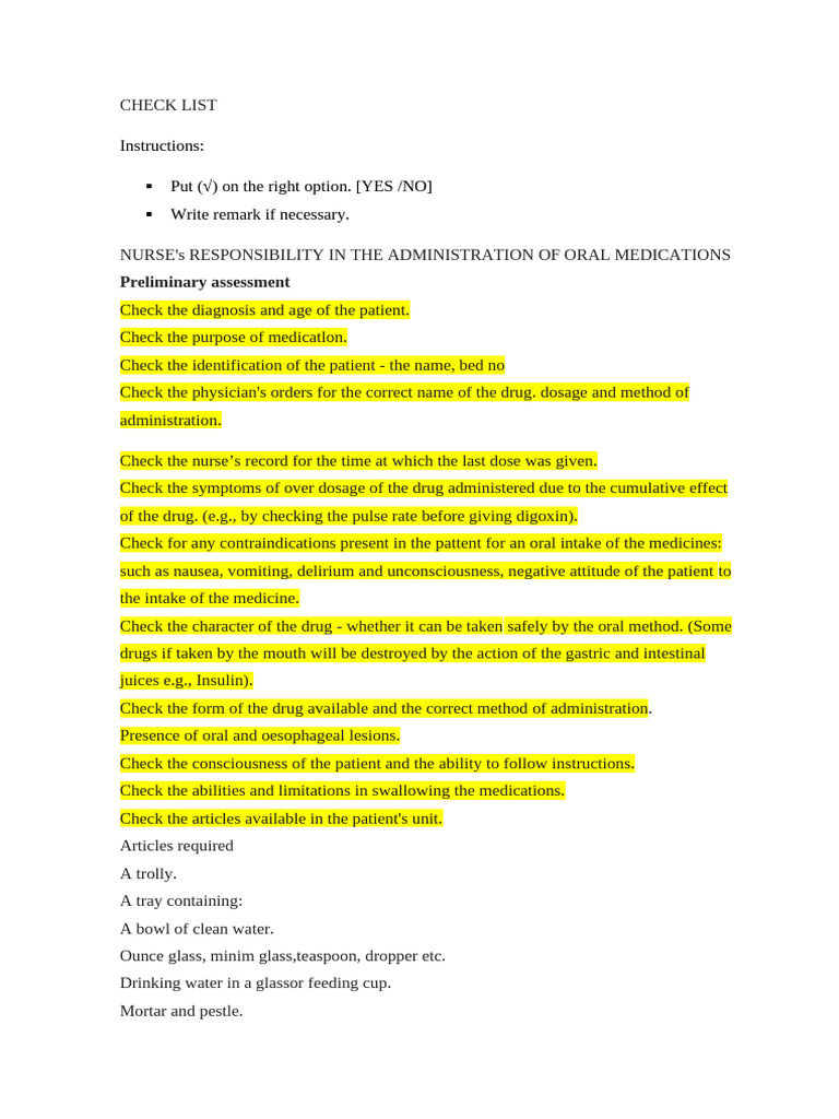 CHECK LIST Oral Medication | PDF