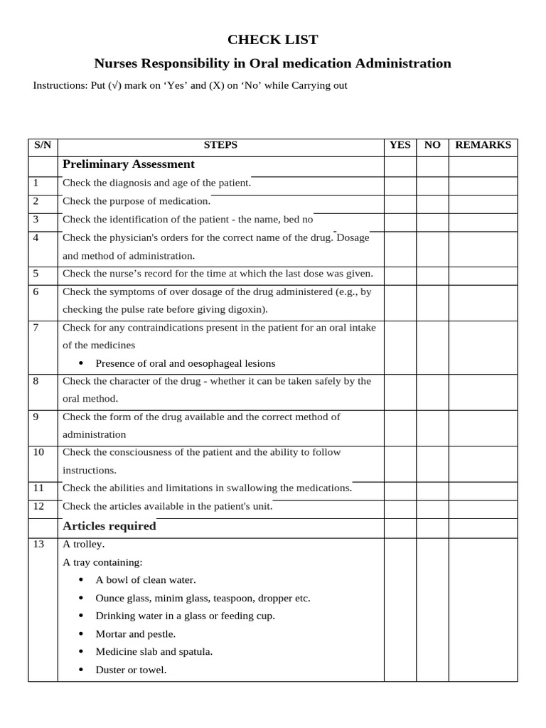 CHECK LIST Oral Medication | PDF