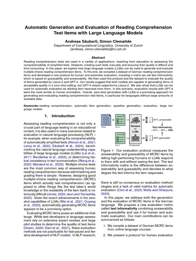 Automatic Generation and Evaluation of Reading Comprehension Test Items ...