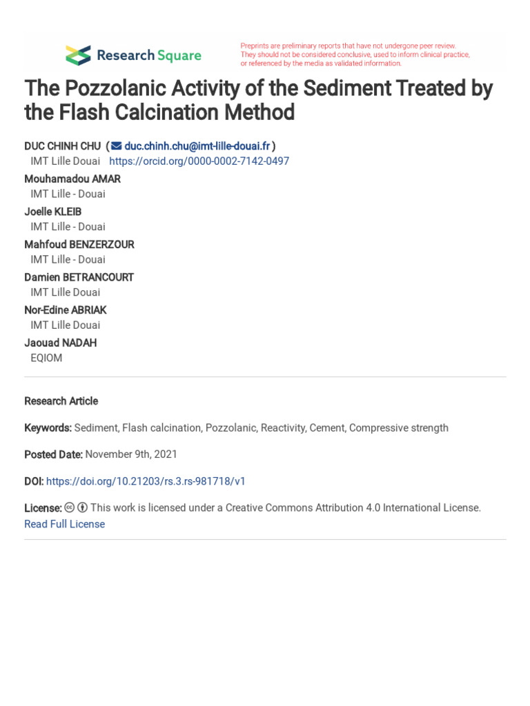 The Pozzolanic Activity of the Sediment Treated by the Flash Calcination Method | PDF