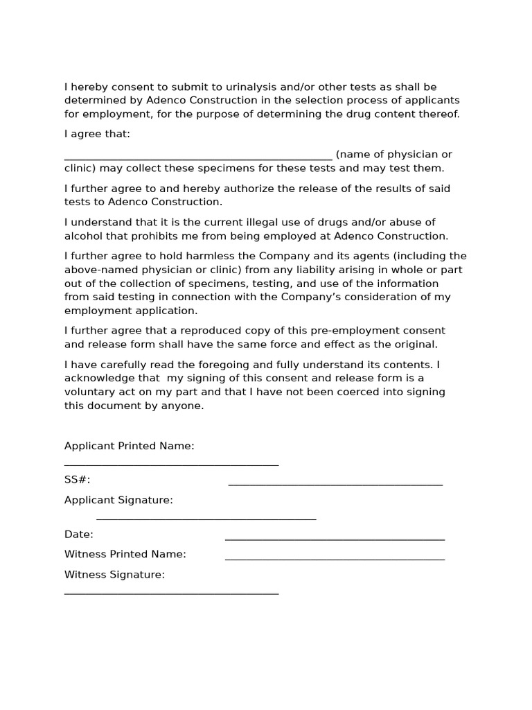 Drug Testing Consent Form - Blank | PDF