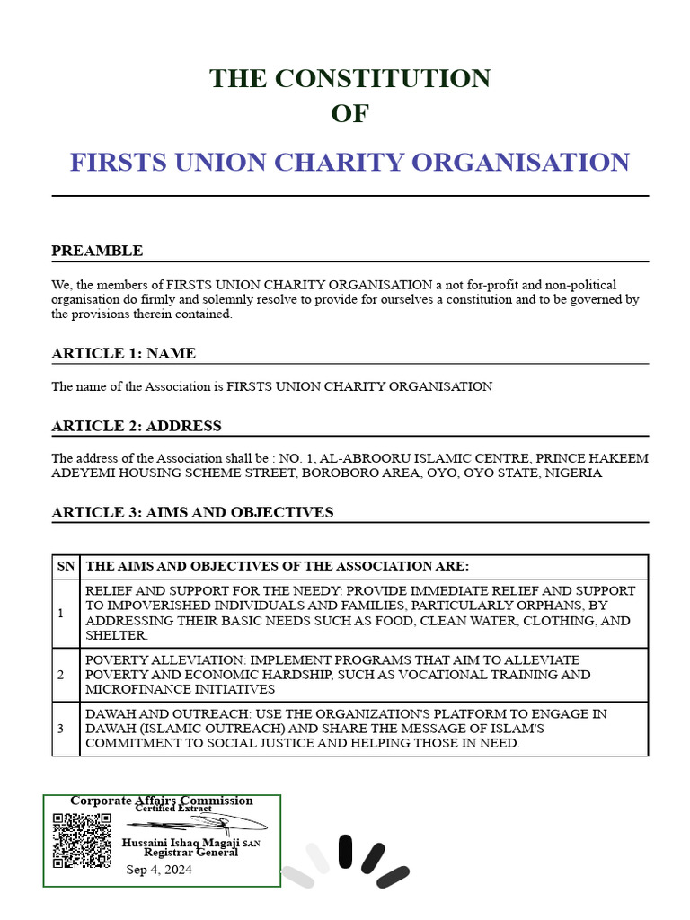 Incorporated Trustee Constitution - FIRSTS UNION CHARITY ORGANISATION | PDF
