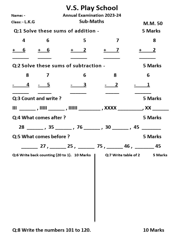 LKG Maths Papers VSPS 2023-2024 | PDF