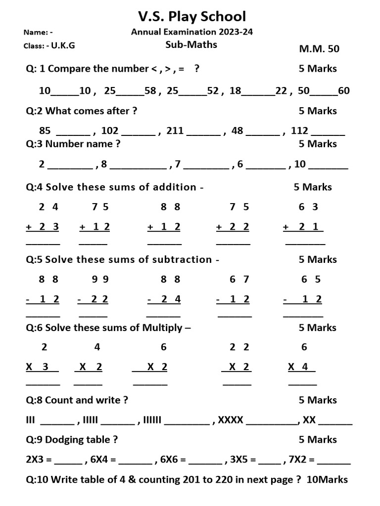 UKG Maths Papers VSPS 2023-2024 | PDF