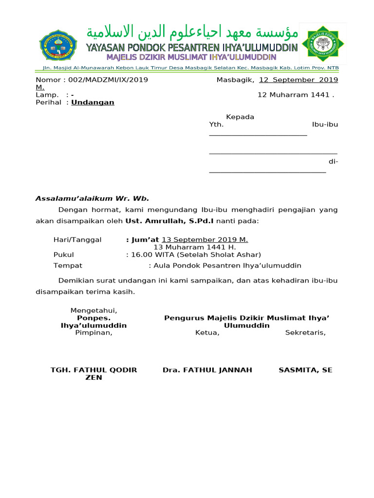 Undangan Majli Dzikir Muslimat | PDF