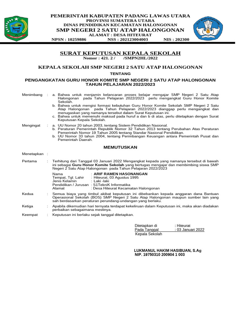 SK Pengangkatan Guru Honor kOMITE | PDF