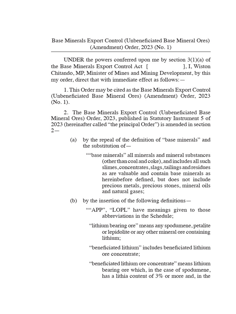 SI 2023-057 Base Minerals Export Control (Unbeneficiated Base Mineral ...