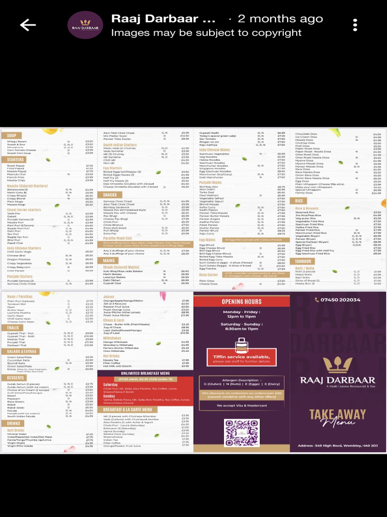 Raj Darbar Wembley Menu - Google Search | PDF
