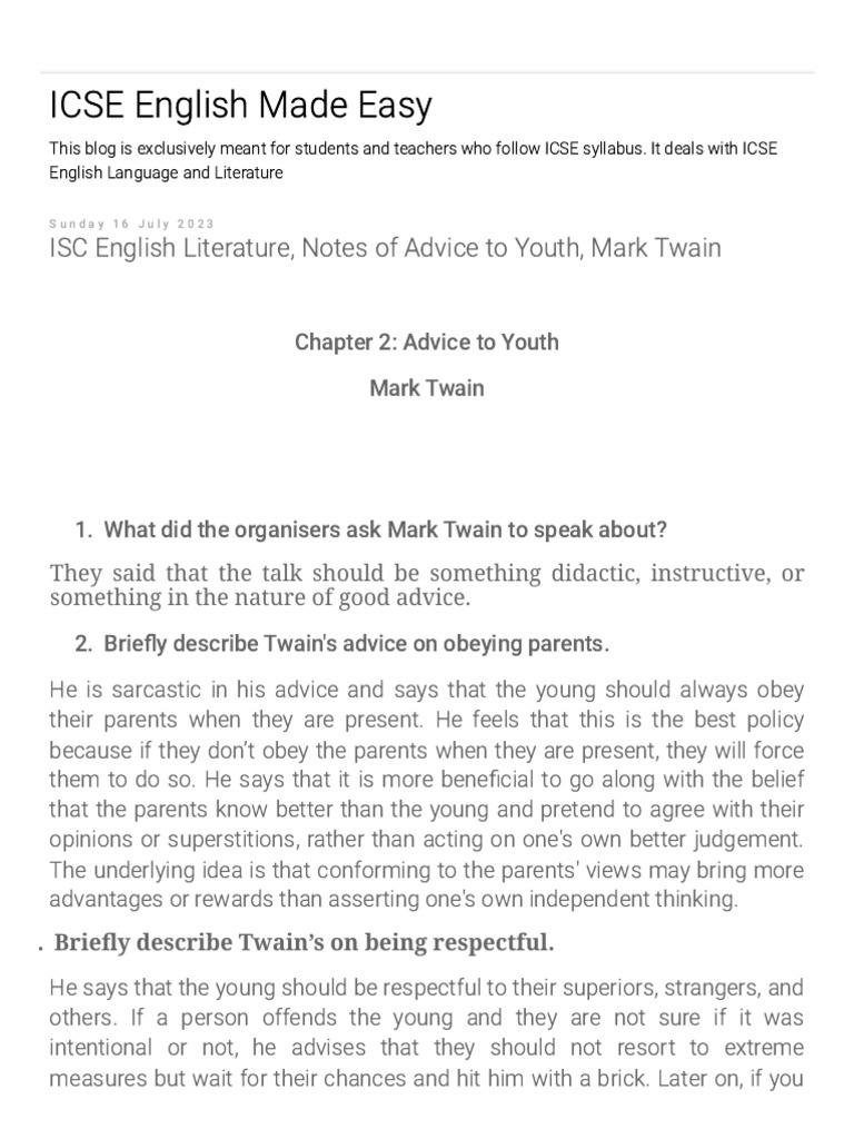 ICSE English Made Easy - ISC English Literature, Notes of Advice To ...