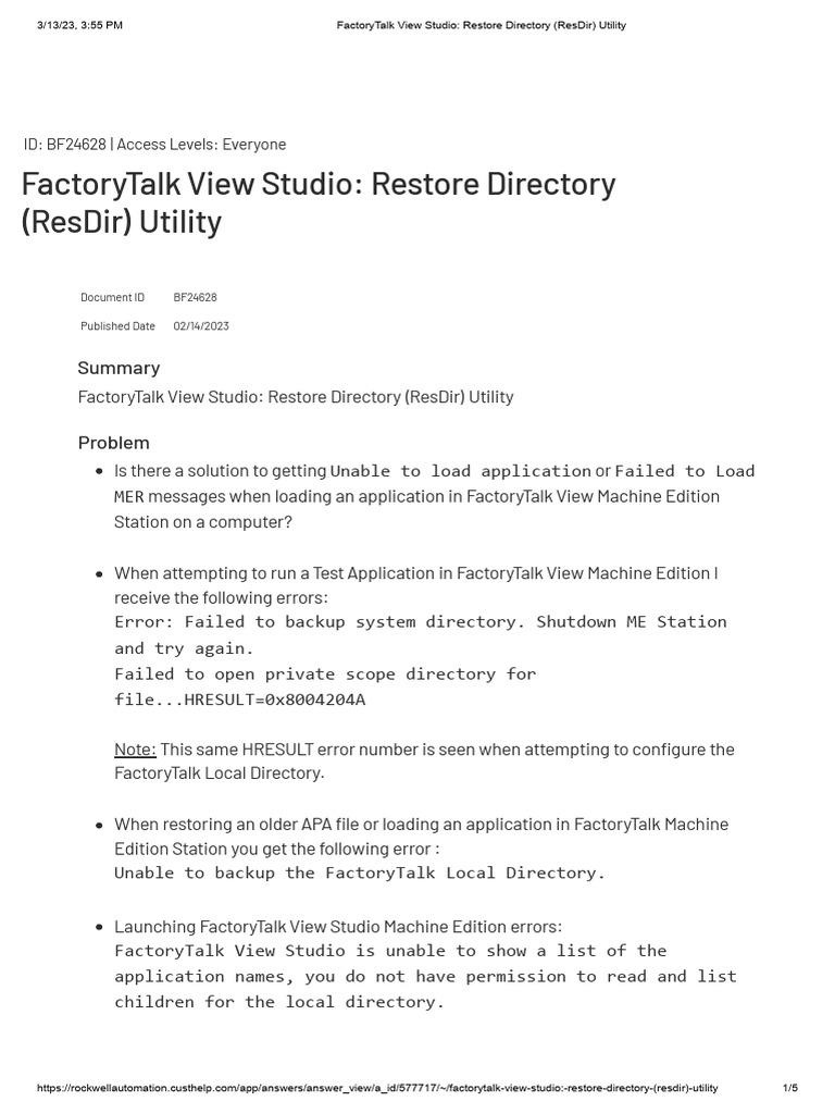 FactoryTalk View Studio - Restore Directory (ResDir) Utility | PDF