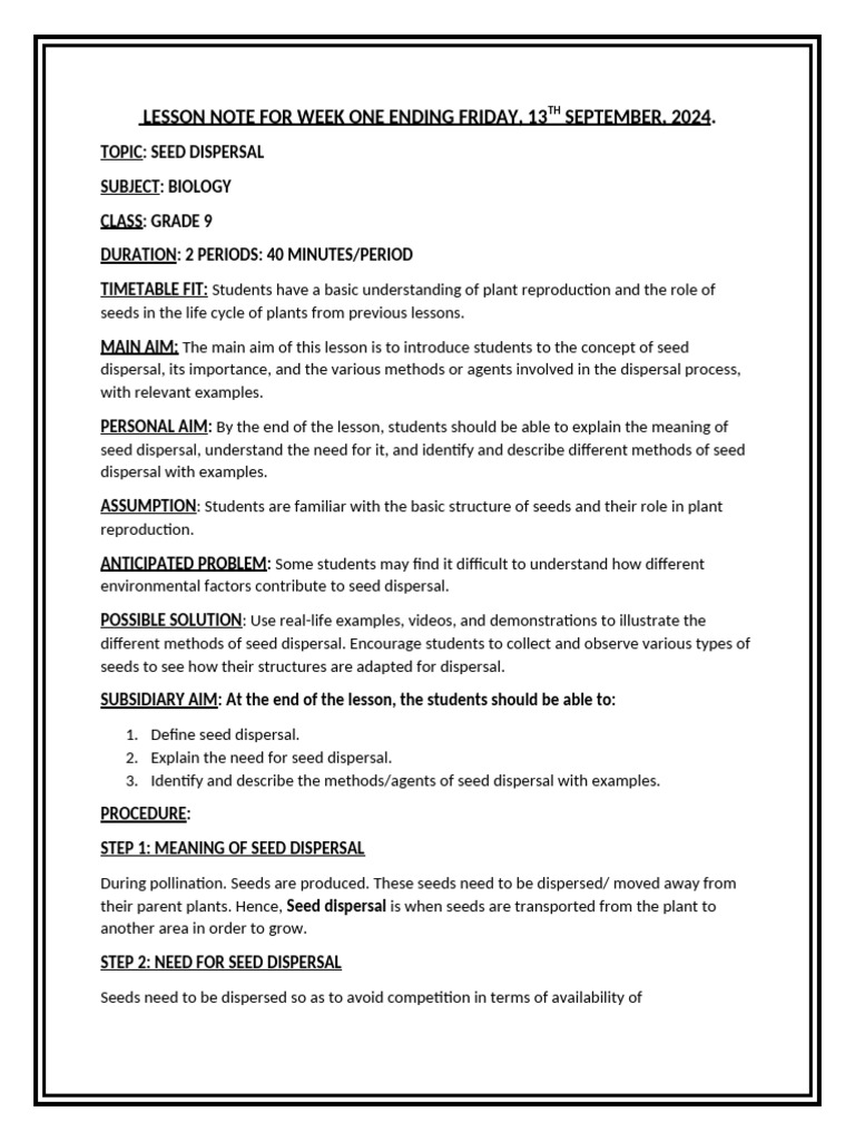 grd 9 BIOLOGY LESSON NOTE FOR WK 1 | PDF