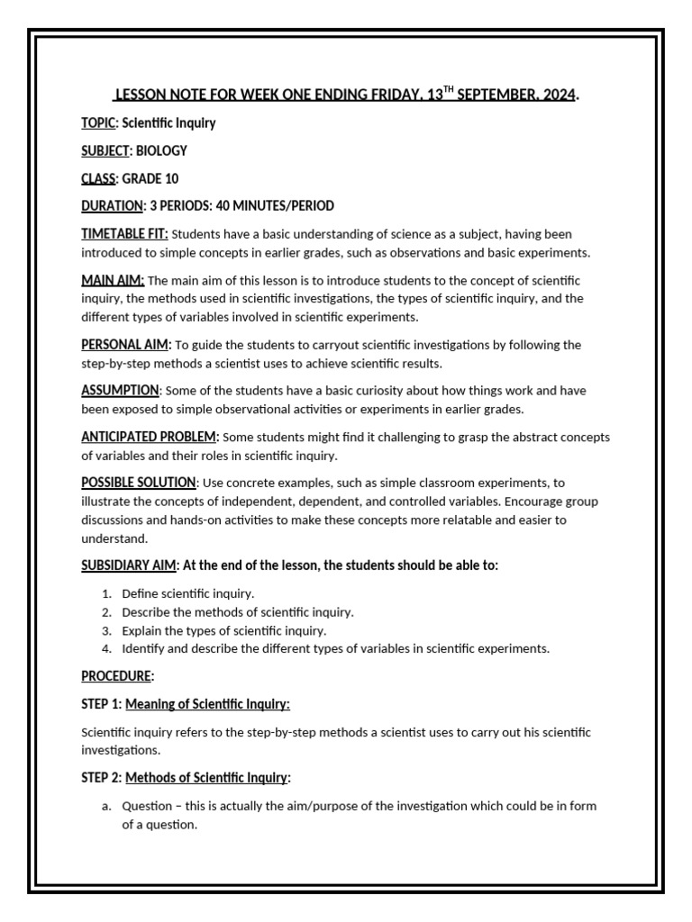 GRD 10 BIOLOGY LESSON NOTE FOR WK 1 | PDF