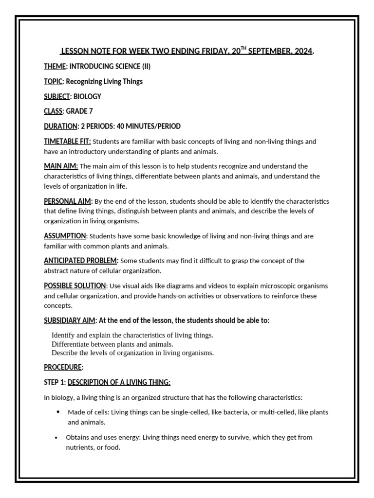 GRD 7 BIOLOGY LESSON NOTE FOR WK 2 | PDF
