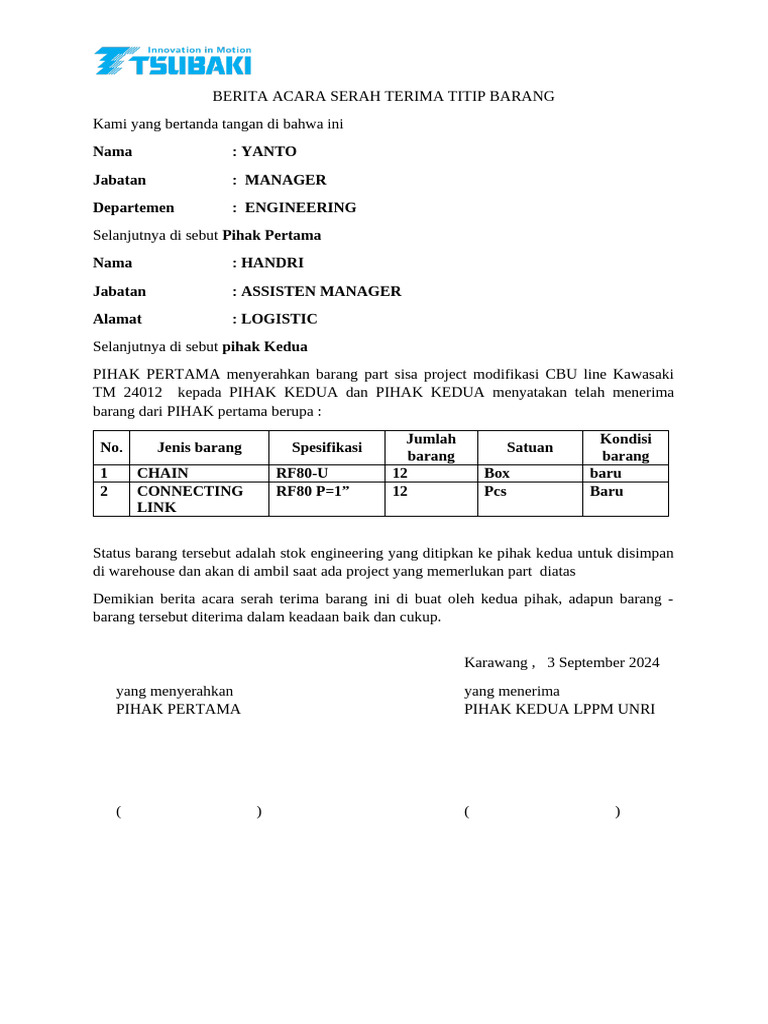 Berita Acara Titip Chain RF80 | PDF