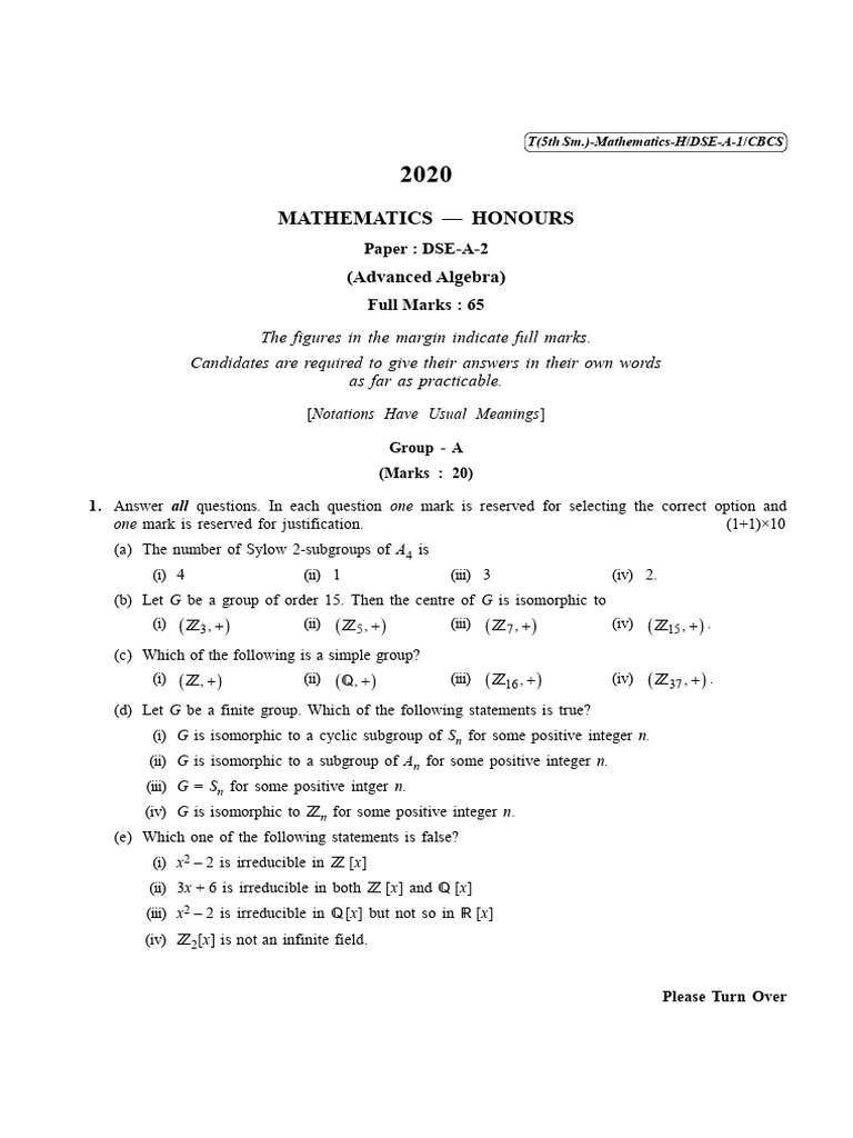CU-2020 B.A. B.Sc. (Hvhjhconours) Mathematics Semester-V Paper-DSE-A-2 ...