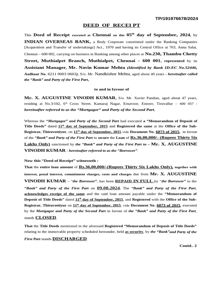 Deed of Receipt - Mr. X. Augustine Vinodh Kumar (Bank Rep. Mr. Navin Kumar Mehta, Asst. MGR ...