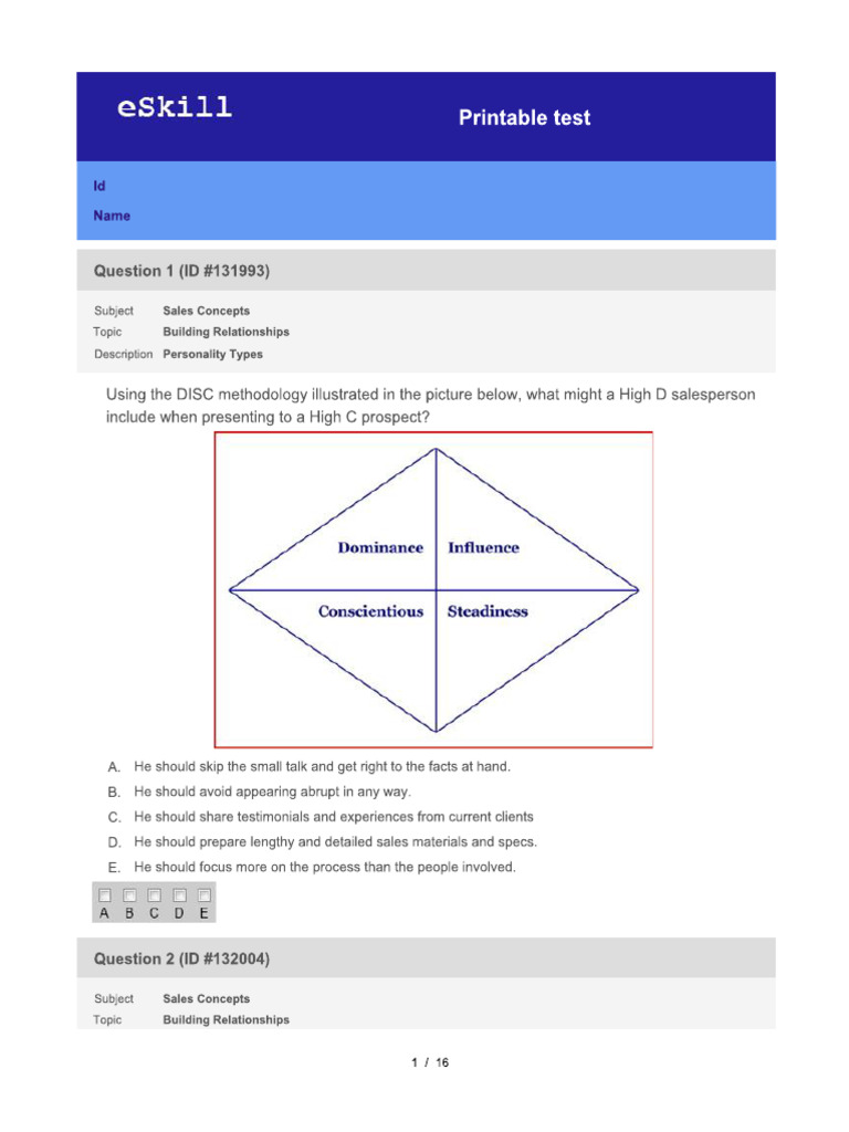 Eskill Sales Skill Test | PDF