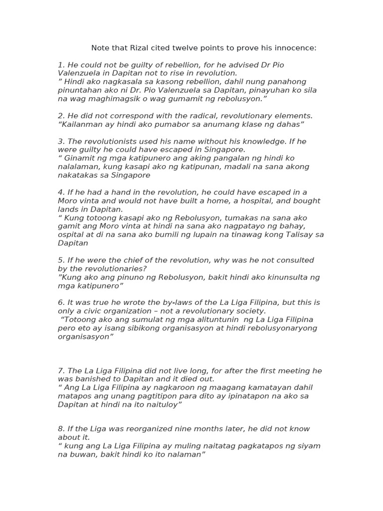 12 Arguments of Dr. Jose Rizal 1 | PDF