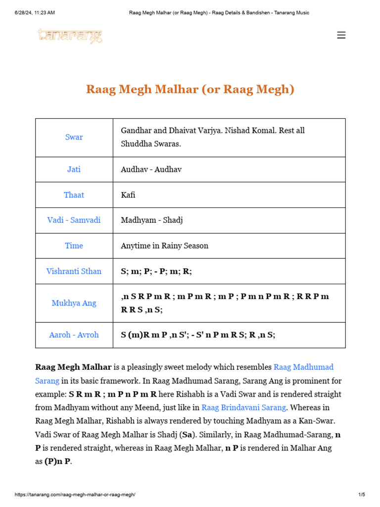 Raag Megh Malhar (Or Raag Megh) - Raag Details & Bandishen - Tanarang ...