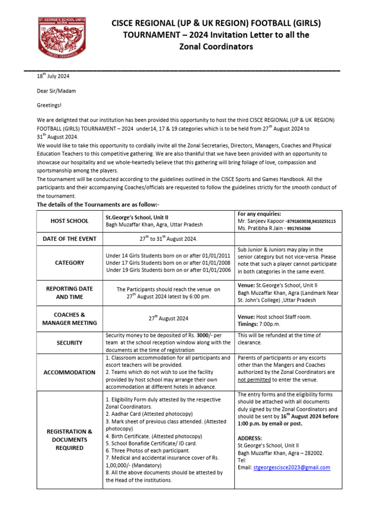 Invitation Cisce Regional Football Tournament 2024. | PDF