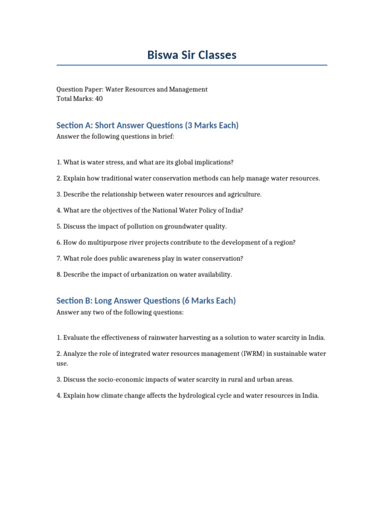 Water Resources Question Paper | PDF