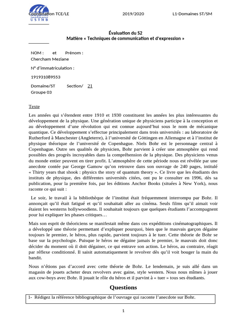 Évaluation Du S2 Matière Techniques de Communication Et D'expression | PDF