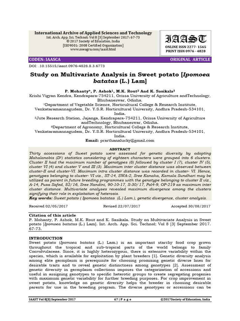 Multivariate Analysis in ST Potato (P.mohanty) | PDF