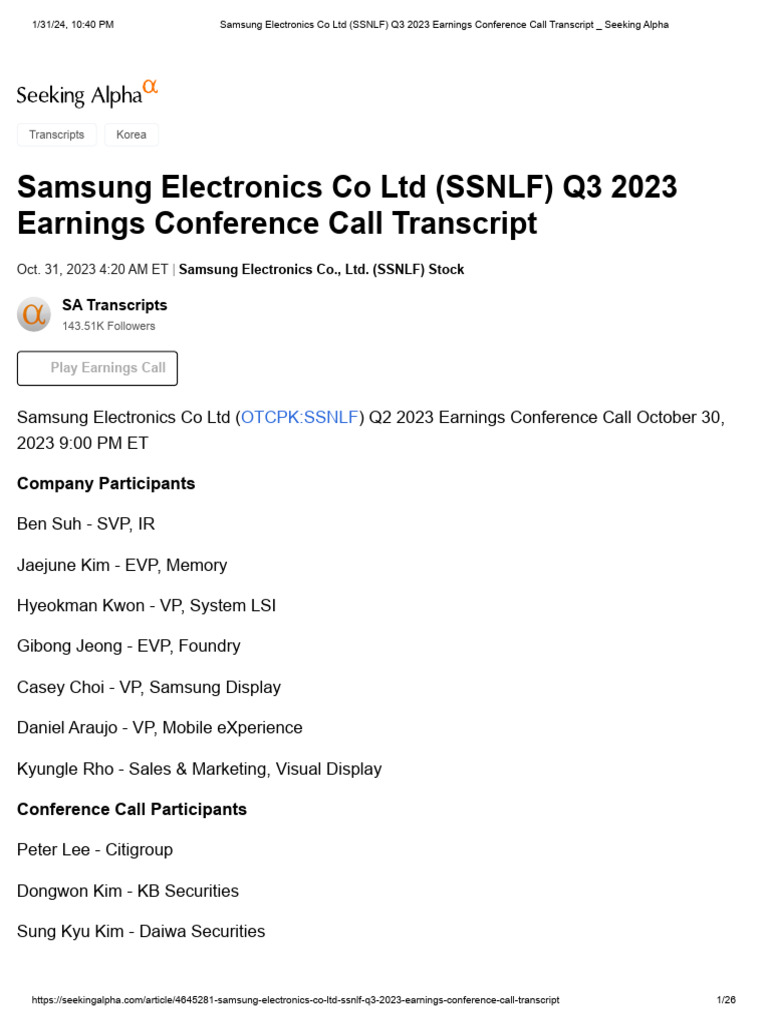 Samsung Electronics Co LTD (SSNLF) Q3 2023 Earnings Conference Call ...