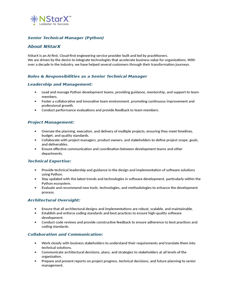 JD - Senior Technical Manager Python | PDF